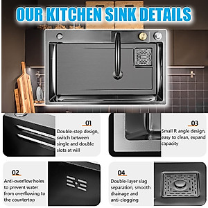 Kitchen Sink Flying rain Waterfall Stainless Steel Undermount Kitchen Sink Drop In Kitchen Sink Single Bowl, With Pull-Out Faucet, Pressurized Cup Washer