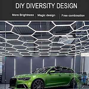 LED Hexagon Garage Light,14Hexagon Honeycomb Lights 600W 66000 Lumens Hexagon Garage Light with T5 Tube Rectangle Aluminum Frame 6500K for Garage,Auto Beauty Shop,Car Detailing Shop
