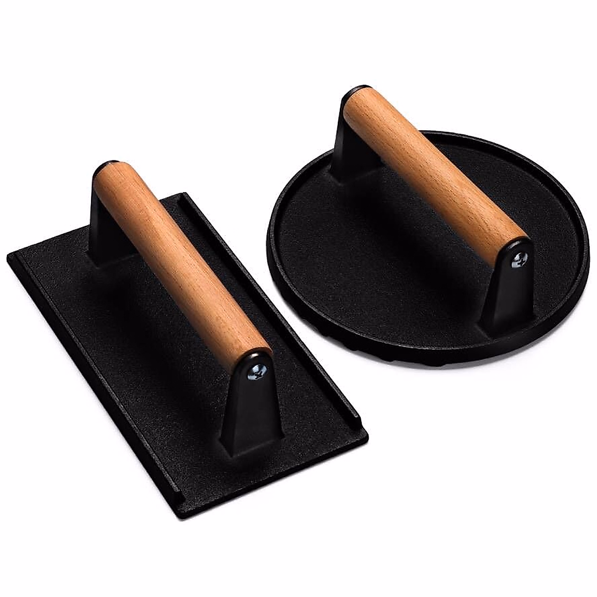 EWFEN Burger Press, 7" Round & 8.2"X4.3" Rectangle Heavy-Duty Cast Iron Smash Bacon Press Meat Steak with Wood Handle for Griddle, Sandwich, Nonstick Pan