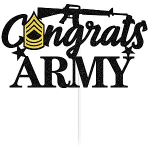Black Glitter Congrats Army Cake Topper, Army Soldier Fighter Veteran's Day Cake Decorations, Airman Military Themed Graduation Retirement Party Decorations (E-8)