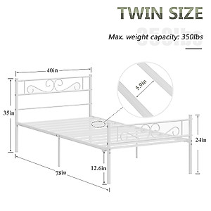 VECELO Twin Size Bed Frame with Headboard, 14 Inch Metal Platform Mattress Foundation, No Box Spring Needed, Easy Assembly, 2 PCS, White