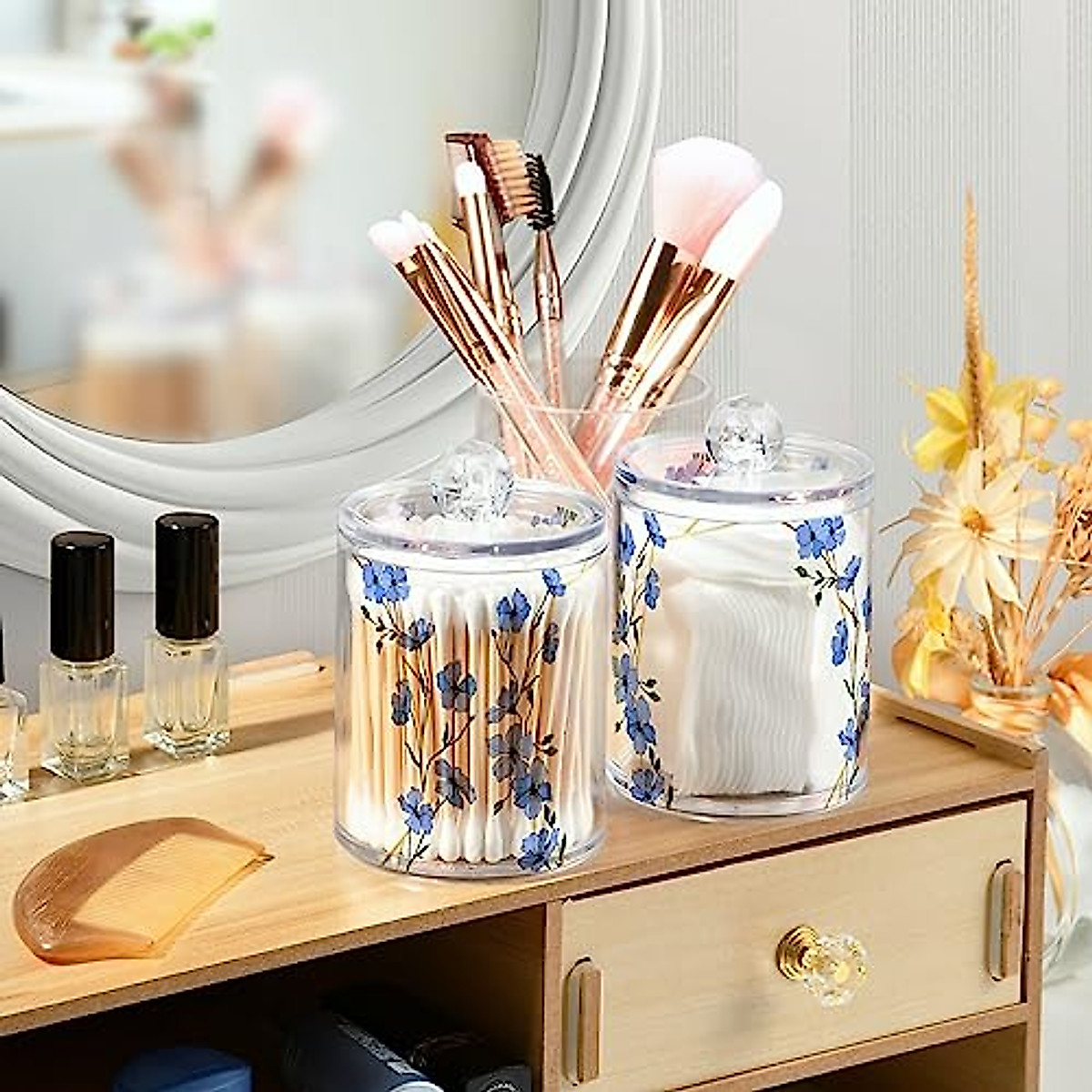 Sletend 2 Pack Plastic Qtips Holder Floral Flower Bathroom Organizer Canisters for Cotton Balls/Swabs/Pads/Floss,Plastic Apothecary Jars for Vanity