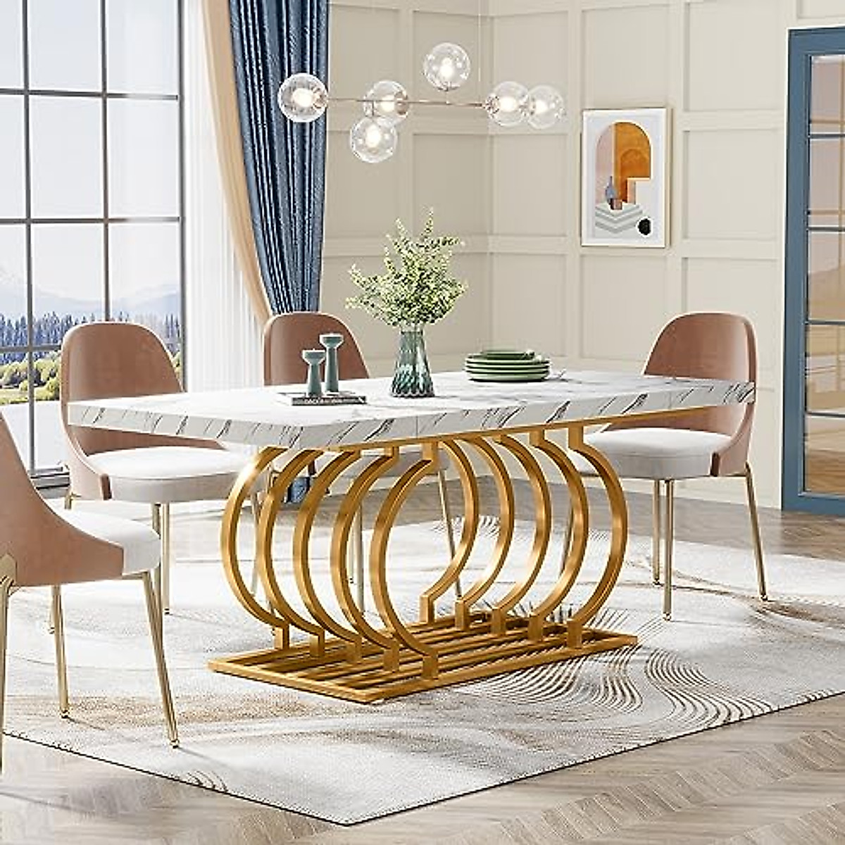 Tribesigns Modern Dining Table, 63 inch Faux Marble Wood Kitchen Table for 6 People, Rectangular Dinner Room Table with Geometric Frame for Kitchen, Dining Room (White & Gold)
