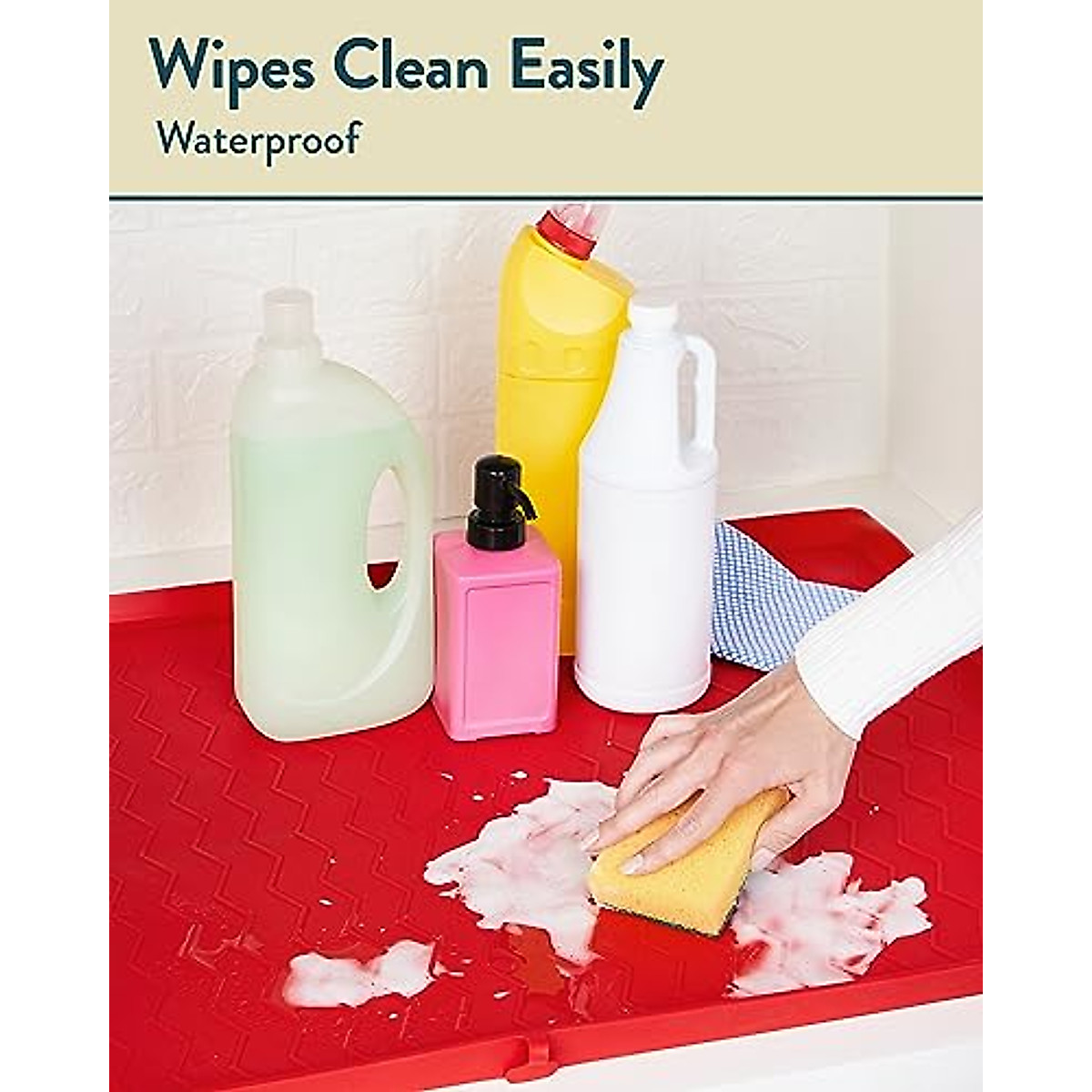 Under Sink Drip Tray - Silicone Liner Mat for Under Kitchen or Bathroom Sink - Waterproof Organizer Protects Floors from Leaks - 34" x 22" Red