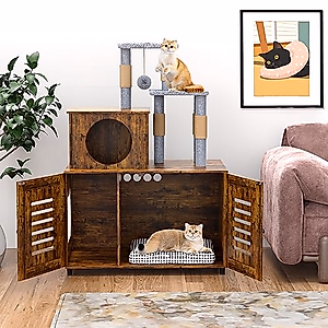 EasyCom Litter Box Enclosure, Hidden Cat Tree Tower Furniture for Indoor House, Modern Wooden All-in-one Cat Litter Cabinet with Scratching Post and Condo, Brown