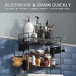 Bathroom Over The Toilet Storage Shelf with Magnetic Hook Set and Toilet Paper Holder, 2-Tier Black Mesh Bracket Shelves, Compact Design