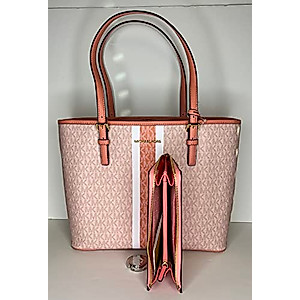Michael Kors Jet Set Travel MD Carryall Tote bundled with Large Continental Wristlet Wallet Purse Hook (Signature MK Sherbert/Grapefruit)