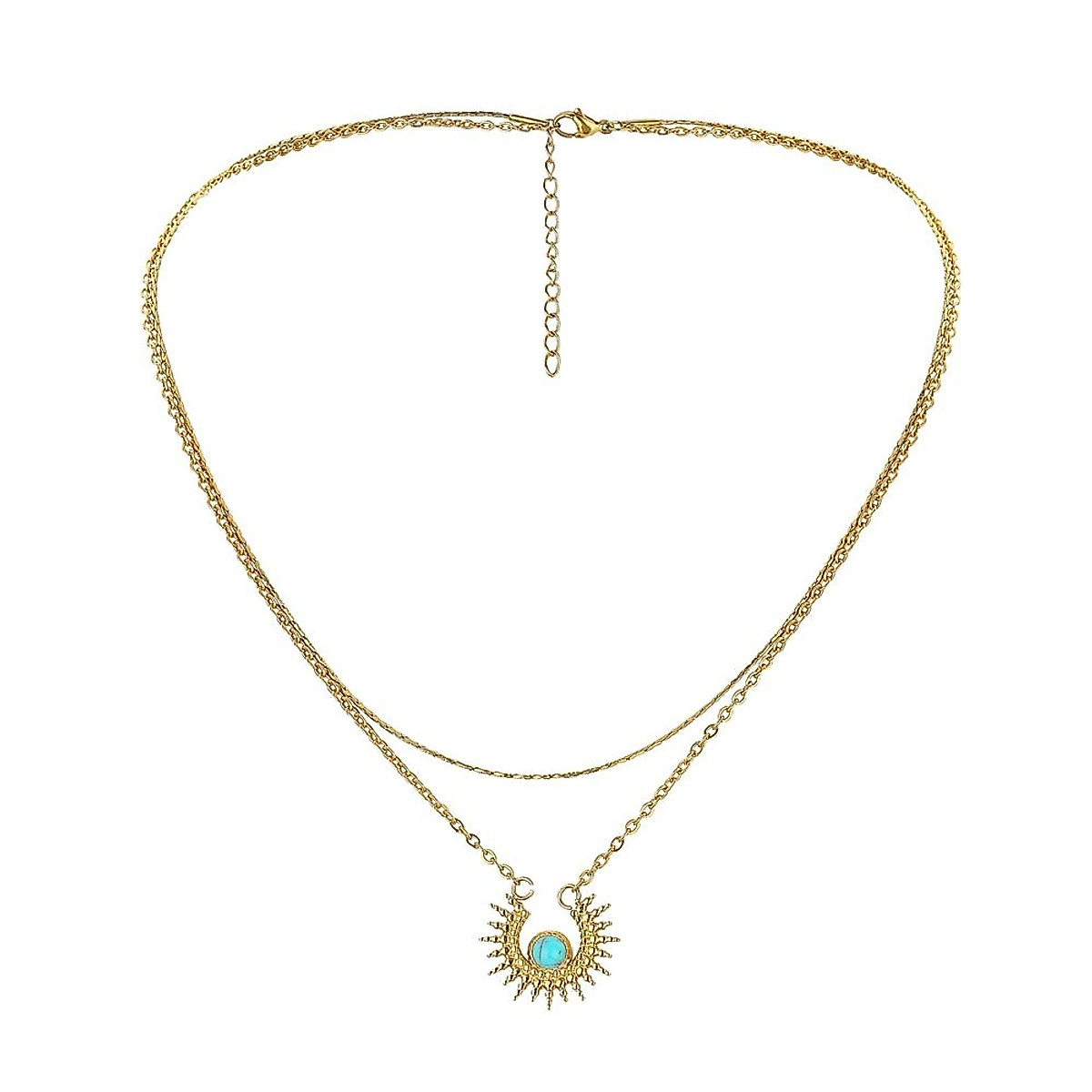 UniLogue Titanium Steel Gold Link Chain Necklace, Sun with Turquoise Pendant Female Necklace Jewelry Gift for Women (Layered Chain Sun with Turquoise Pendant)