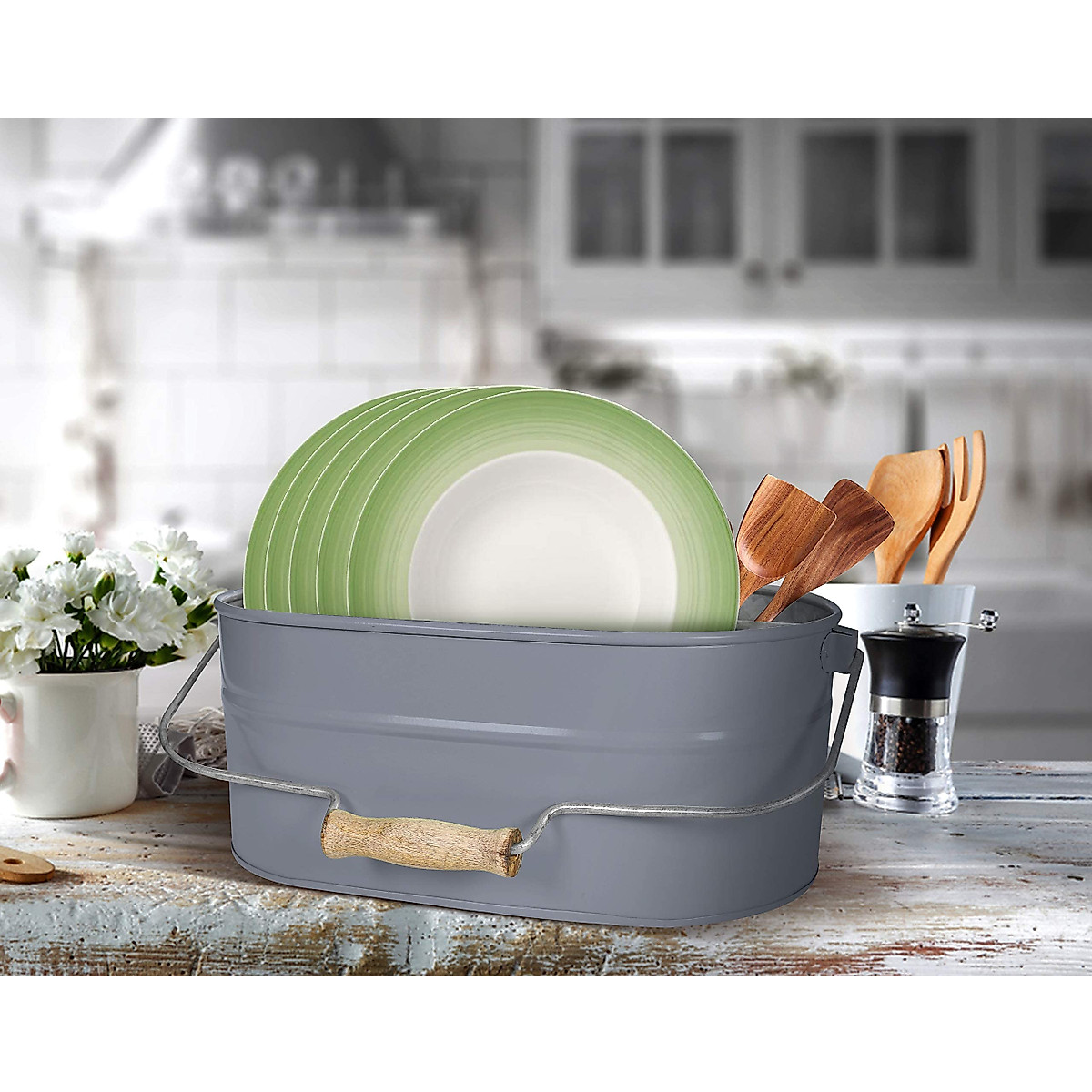 Galvanized Metal Caddy with 4 Compartments, Kitchen Utensil Holder, Drink Tub Caddy, Picnic Caddy, Serveware Utensil Organizer, Multipurpose Storage Bin With Handle- 12 Inch- Charcoal