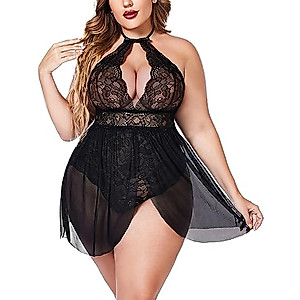 Avidlove Plus Size Babydoll Lingerie for Women Lace Snap Crotch Nighty With Choker Nightwear Mesh Sleepwear L~4XL (Black, XXXX-Large)
