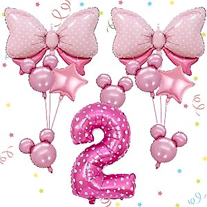 10Pcs Minnie Balloon, Pink Mouse Birthday Number Mylar Foil Balloons Huge Bow Birthday Party Supplies for Mouse Theme Baby Shower 2nd Birthday Party Decorations