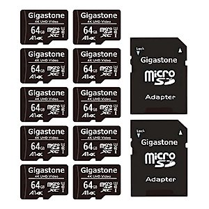 Gigastone 64GB 10-Pack Micro SD Card, 4K UHD Video, Surveillance Security Cam Action Camera Drone Professional, 90MB/s Micro SDXC UHS-I A1 Class 10