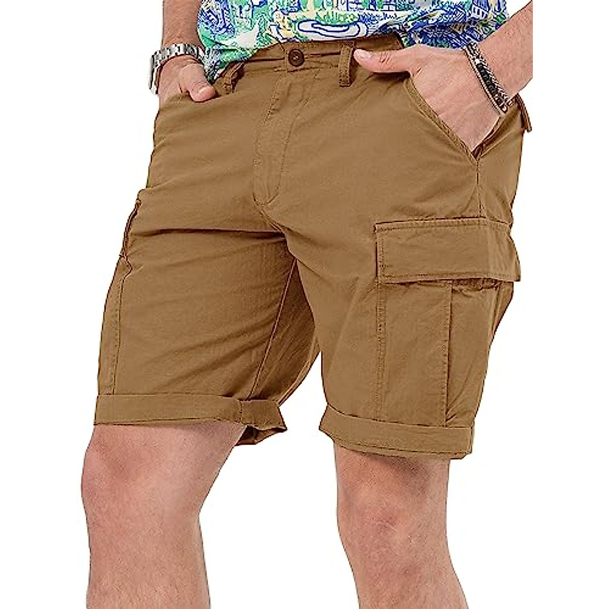 Gafeng Men's Cotton Cargo Shorts Twill Casual Lightweight Outdoor Hiking Relaxed Fit Trousers Khaki