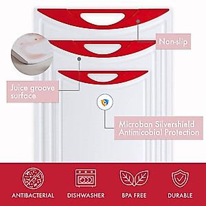 Neoflam Microban Kitchen Essentials 3pc Cutting Board Set & Microban Protection, 17.5'', 14.5'', 11.5'' Extra Large, Stain & Odor, BPA Free, Juice Groove, Non Slip, Dishwasher Safe, Set/Red