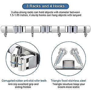 HXcomet Broom Mop Holder, Stainless Steel Wall Mounted Storage Organizer Cleaning Tool for Kitchen, Garage, Garden, Bathroom Organization Storage (3 Racks 4 Hooks)