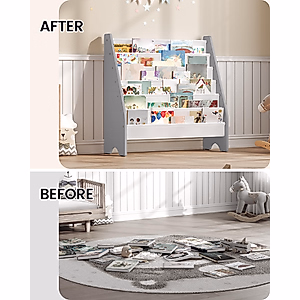 CHOEZON 6-Tier Kids Bookshelf, Kids Sling Bookcase, Magazine and Book Storage Rack, Large Capacity Book Organizer, Book Shelf for Kids Room, Bedroom, Nursery, Playroom, White and Gray MCW07WG