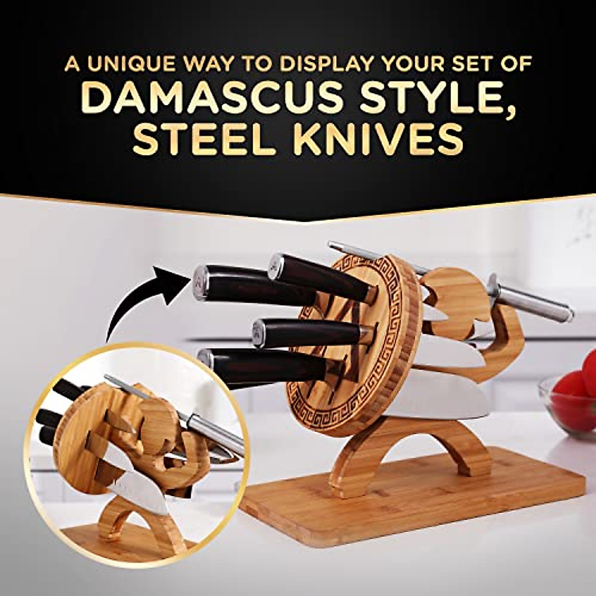 Spartan Knife Block- Complete Damascus Style Knife Set for Men- 5 Chef Knives, Knife Sharpener & Bamboo Spartan Knife Holder. Funny Stabbed Man Knife Holder- Unique Knife Holder