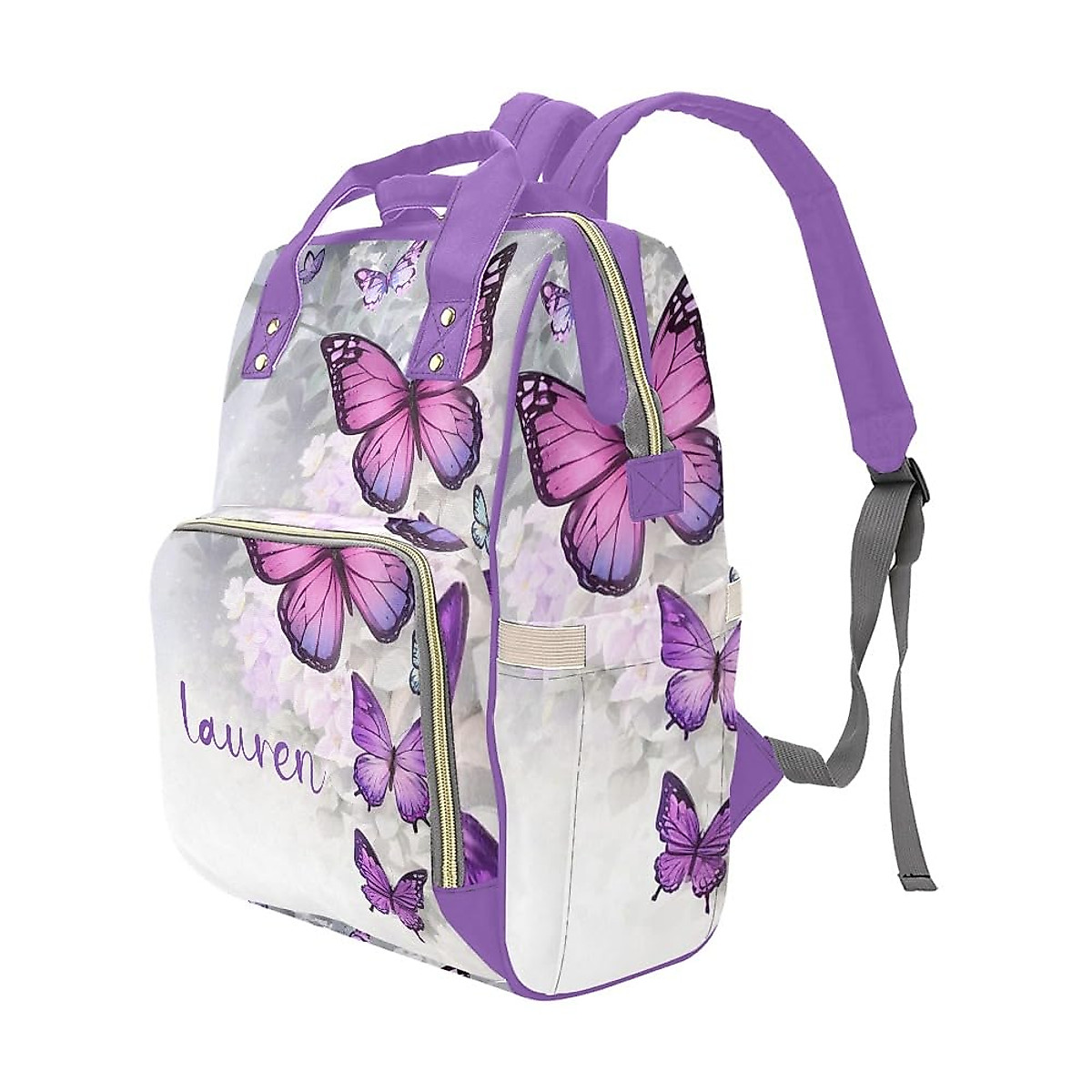 Anneunique Fantasy Cute Purple Butterfly Diaper Bags Backpack with Name Personalized Baby Bag Nursing Nappy Bag Travel Tote Bag Gifts for Mom Girl, 10.83 x 6.69 x 15 Inch
