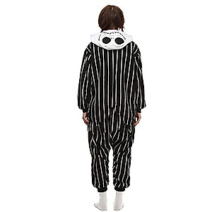 Jack Skellington Costume Onesie Adult Nightmare Cosplay Halloween Christmas Stripe Pajama Jumpsuit (US, Alpha, Medium, Regular, Regular, Stripe)