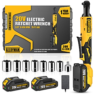 Alloyman 2 X 20V Power Ratchet Wrench Kit, 450 RPM 3/8 Inch Cordless Electric Ratchet Wrench with Variable Speed Trigger, 7 Sockets, 1/4" Adapter & 1-Hour Fast Charger