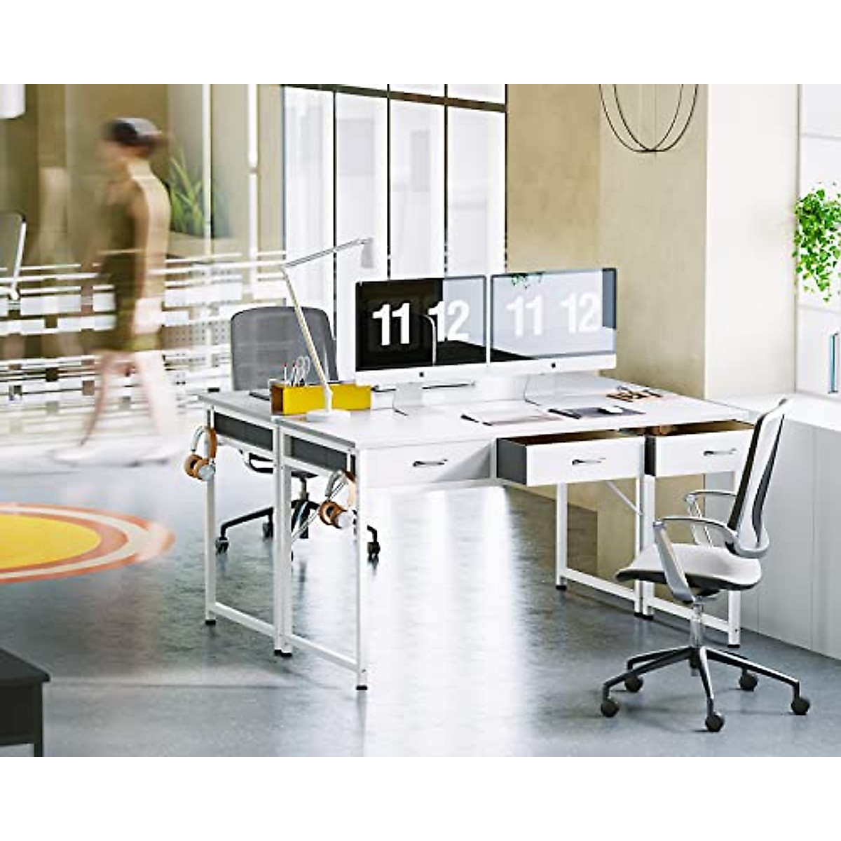 ODK 55 Inch Computer Desk with 3 Fabric Drawer, Home Office Desk Modern Work Writing Study Desk, White