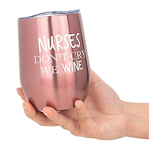 Nurse Wine Tumbler with Lid, Straw, and Cleaning Brush - Nurse Gifts for Women - Insulated Stainless Steel Wine Tumbler - Dishwasher Safe - Funny RN Gifts for Nurses - Rose Gold - 12oz