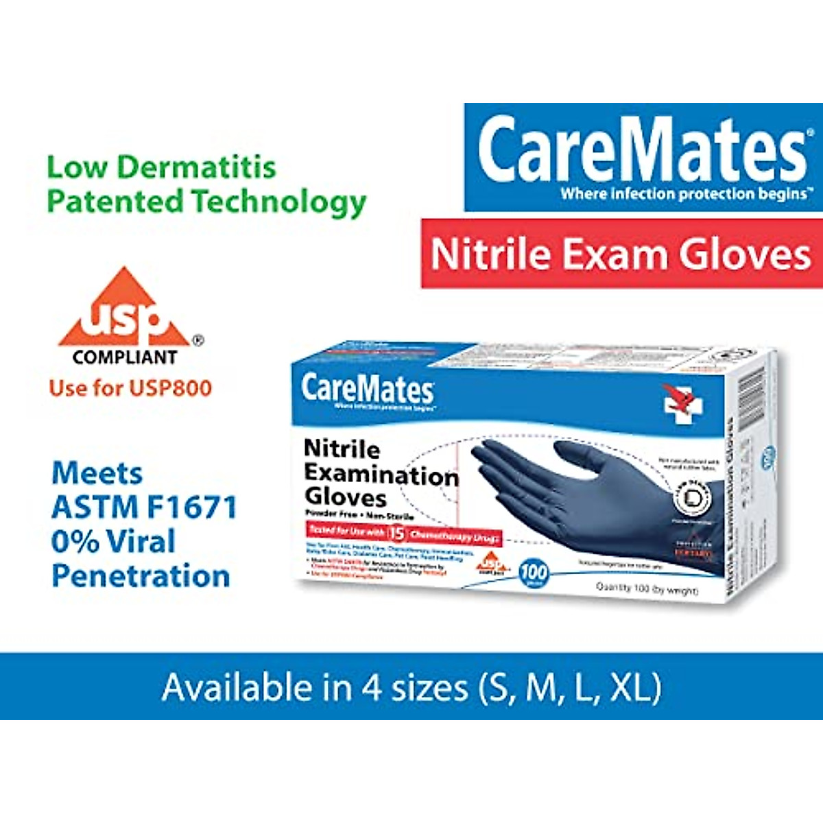 CareMates Nitrile Medical Exam Gloves, Latex Free Rubber, Powder Free, Extra Strong, 4 Mil Thick, Certified for Home Infusion, First Aid, Food Safe, Cleaning Gloves, Large, 100-count