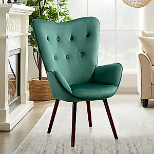 Velvet Accent Chair, Modern Wingback Vanity Chair Tufted Armchair Upholstered Tall Back Desk Chair with Arms Solid Wood Legs Lounge Leisure Chair for Living Room Bedroom Waiting Room (Dark Green)