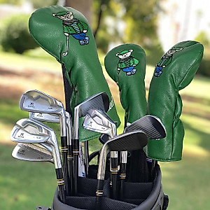 Lovely Bear Golf Driver Cover Fairway Wood Cover, Hybrid Covers Headcovers Set, Green Leather Golf Club Covers for Driver and Woods for Men/Women Golfer