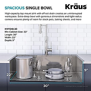 KRAUS Kore™ Workstation 30-inch Drop-In 16 Gauge Single Bowl Stainless Steel Kitchen Sink with Accessories (Pack of 5) with WasteGuard™ Continuous Feed Garbage Disposal, KWT310-30-100-75MB