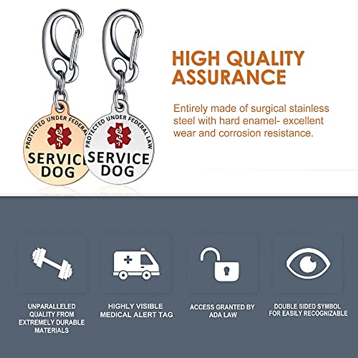 Leash King 1.25" Double-Sided Service Dog Tag with 1.3" Solid Quick Clip– Easily Attach to Collar, Harness, Vest – Entirely Surgical Stainless Steel – PVD Rose Gold