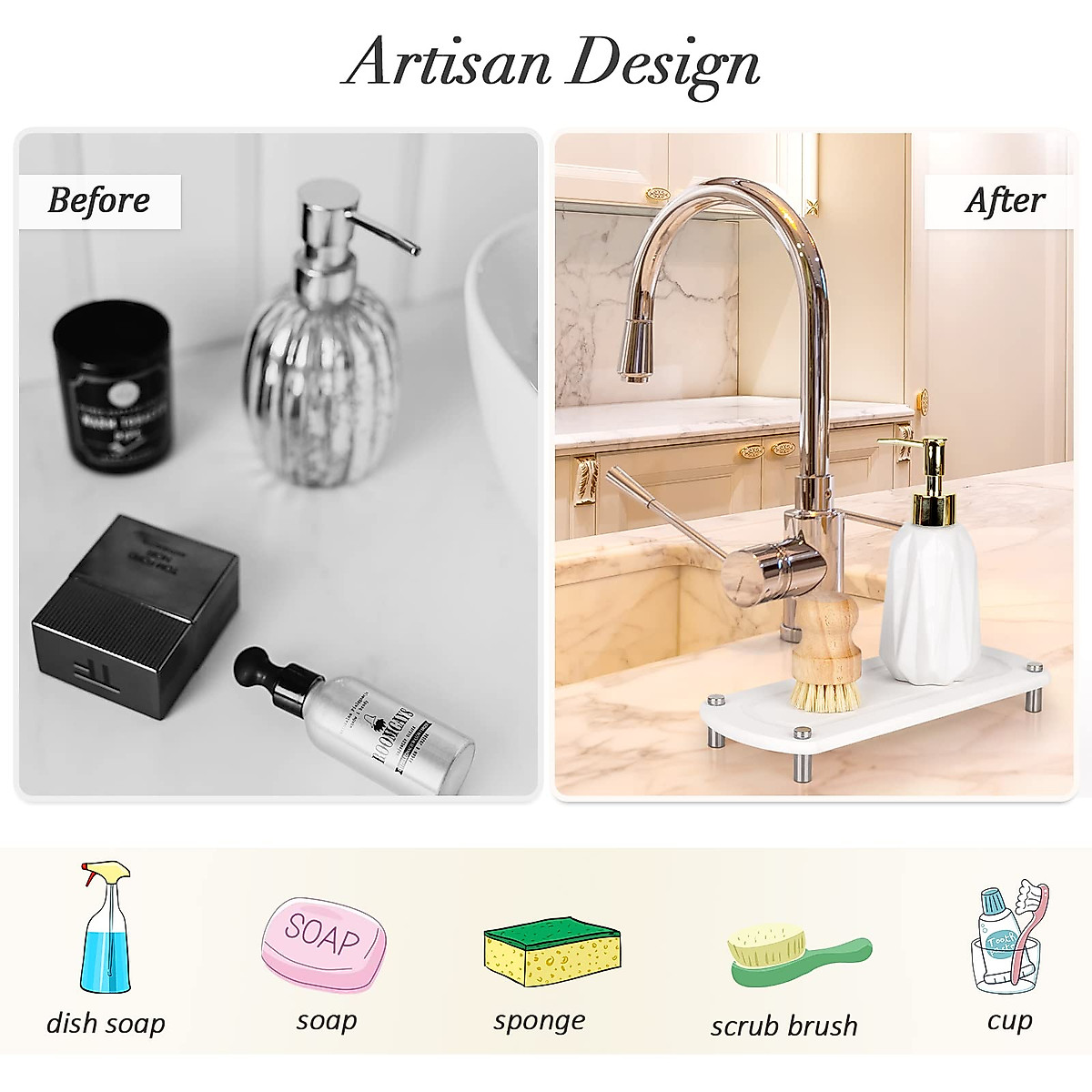 Ozzptuu Sink Caddy Instant Dry Kitchen Sink Organizer Sponge Holder for Kitchen Sink Diatomaceous Pedestal Stand Riser with Stainless Steel Feet Protection for Modern Home (White)