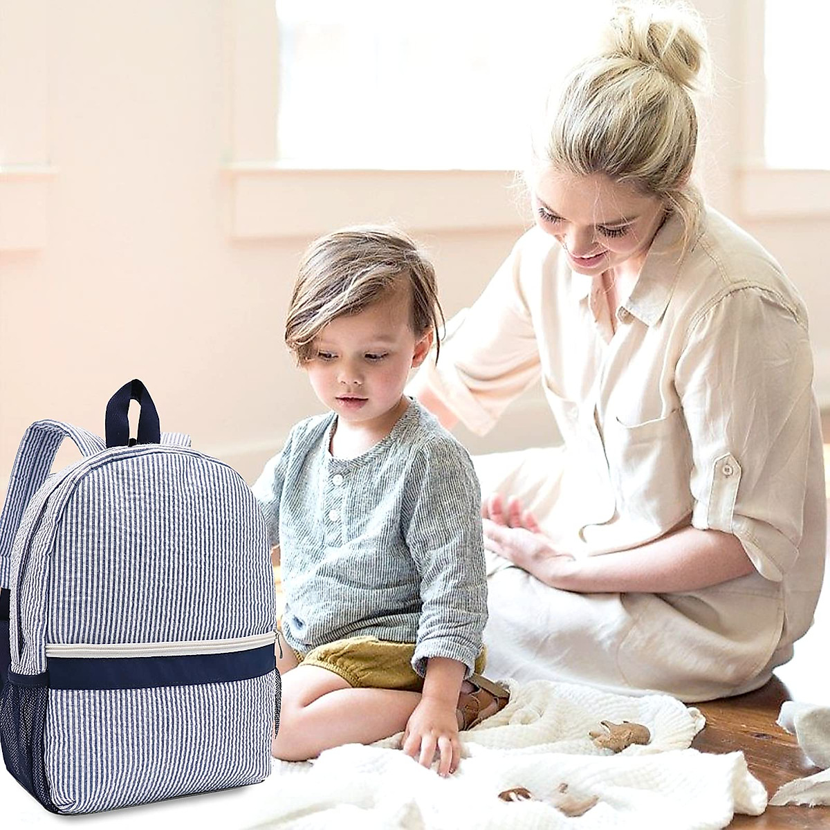 GFU Toddler Backpack, Seersucker Gingham Kids Backpack for Boys and Girls, Preschool Kids Backpack, Lightweight Schoolbag for Child, Large