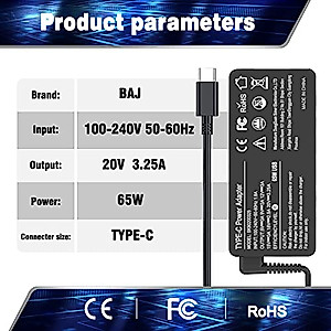 BAJ 65W 45W USB C Laptop Power Adapter Charger for Lenovo Chromebook 100e 300e 500e C330 S330 Series,Yoga C930 C940 C740 S730 730 730S 910 920 13 IdeaPad 730s Power Supply