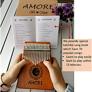 AMORE Kalimba 17 Keys Thumb Piano Small Musical Instrument Christmas Gift for Kids 70 Song Book Tabs Portable Mbira Finger Piano and Adults Beginners All in One Kit
