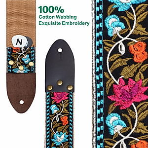 Nefelibata Guitar Strap,Vintage Jacquard Embroidery Cotton Guitar Straps with Crazy Horse Leather Ends for Electric,Acoustic,Come with Free Strap Button,2 Strap Locks and 4 Guitar Picks