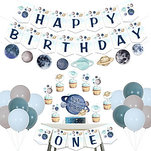 First Trip Around The Sun Birthday Decorations for Boy, Space One High Chair Banner & Galaxy Happy Birthday Garland, Planet Cake Toppers for 1st Birthday Party Supplies