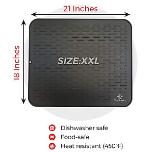 Silicone Dish Drying Mat & Scrubber XXL 21" x 18" | Black Kitchen Dish Drainer Mats & Trivet | Food Safe Fast Draining Pad for Dishes (Black, XXL)