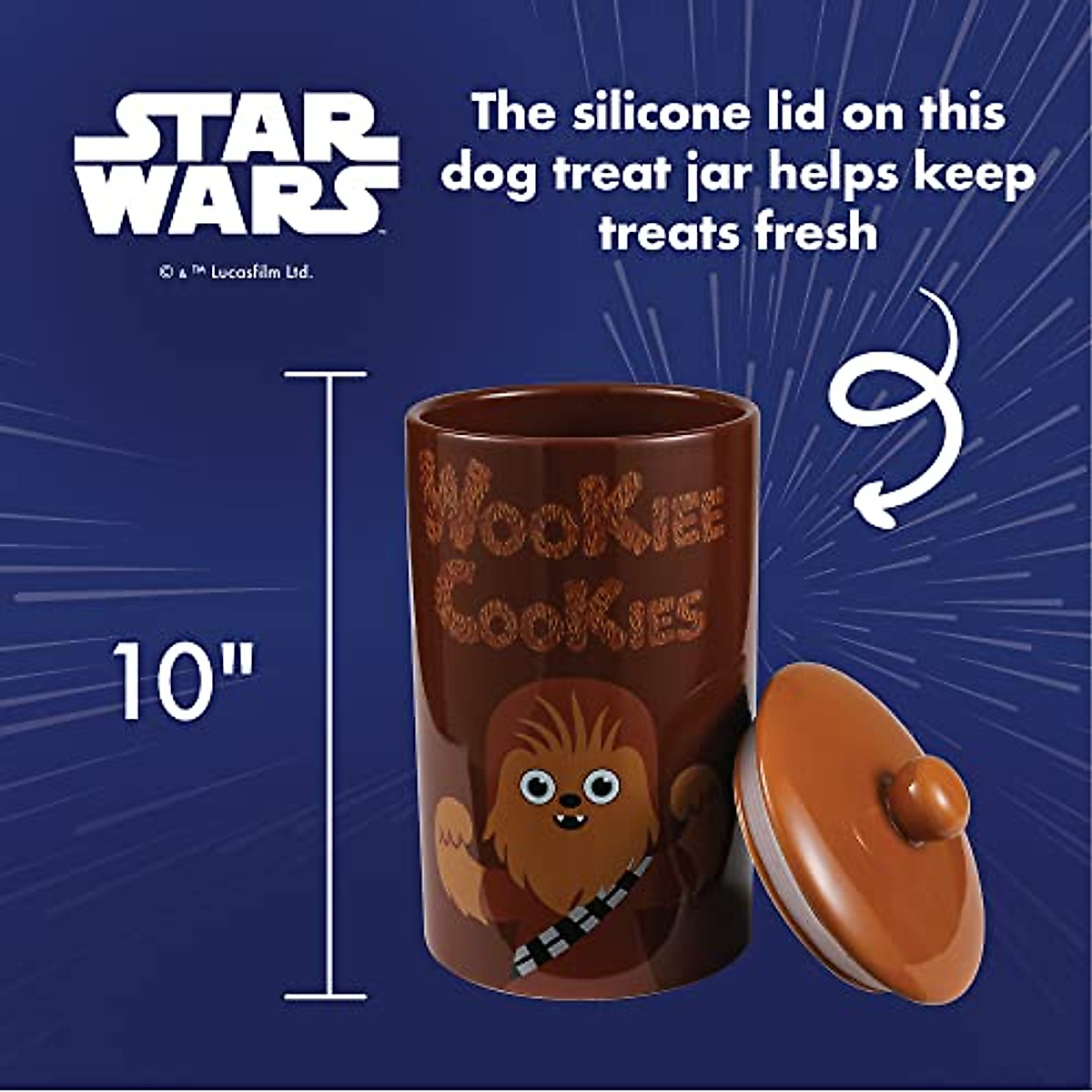 Star Wars for Pets Chewbacca Wookiee Cookies Dog Treat Jar | 10 x 5 Ceramic Chewbacca Dog Treat Jar with Lid, Dishwasher Safe | STAR WARS Brown Dog Food Storage Cylinder, Brown Dog Treat Jar