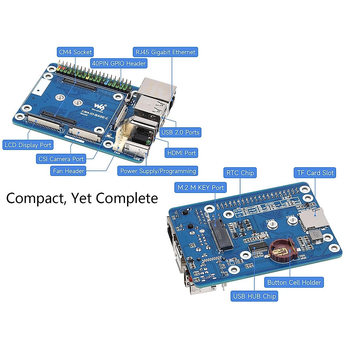 CM4 Base Board (Advanced C Version) for Compute Module 4, with Raspberry Pi 40PIN GPIO Header/MIPI CSI Camera Ports/LCD Display Port/Fan/HDMI/USB/Gigabit Ethernet RJ45 Connector