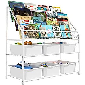 Large Kids Bookshelf With 6 Storage Box,5 Tier Metal Kids Bookcases Children's Toy Storage Rack, 6 Storage Drawer for Books Toys storage, Book Unit Storage Shelf for Playroom, Bedroom, Study Room.