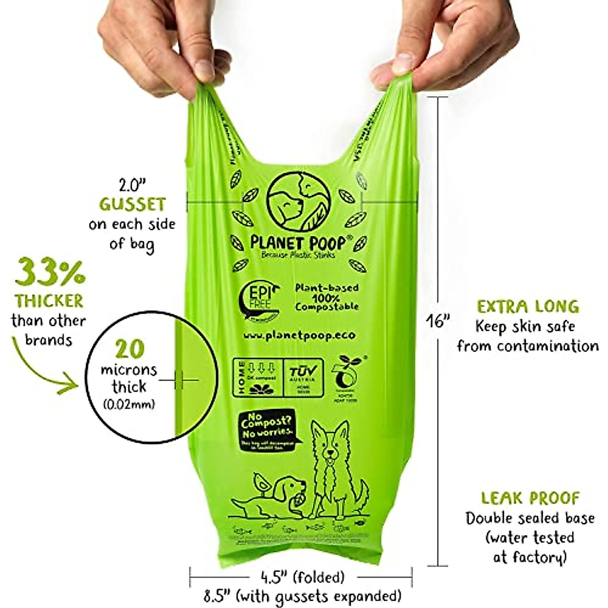 PLANET POOP Home Compostable Dog Poop Bags Extra-long with Handles 240 Un-Scented Pet Waste Bags Plastic Free, Thick Leakproof Plant-Based Doggy Bag, Cats & Dogs Pet Supplies