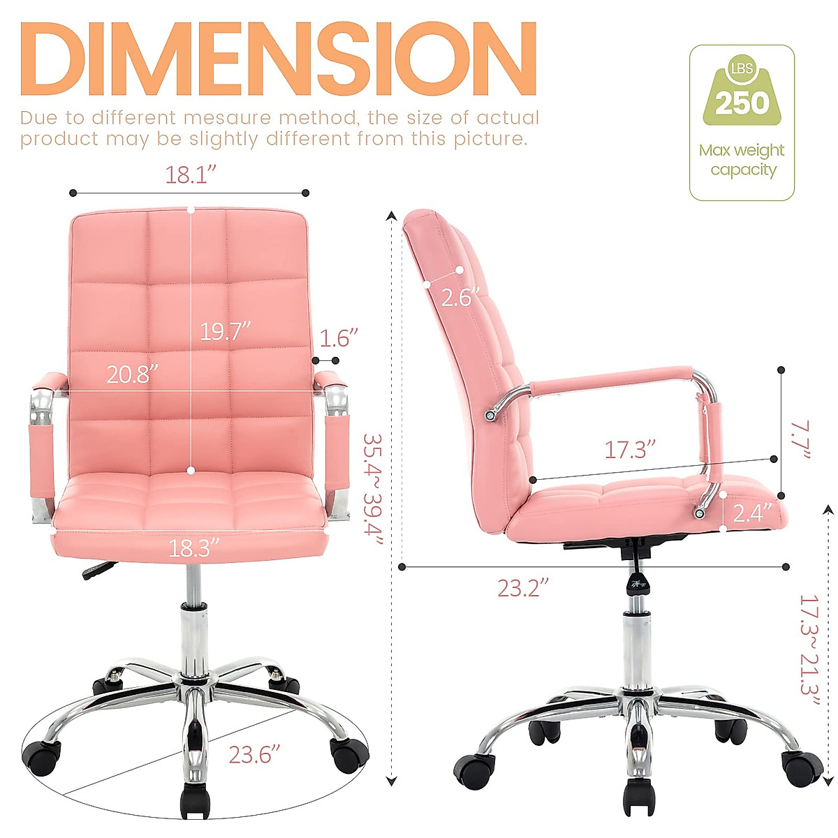 MFD LIVING High Back Desk Chair, Modern PU Leather Home Office Task Chair with Arms, Adjustable Swivel Computer Executive Chair with Wheels (Pink)