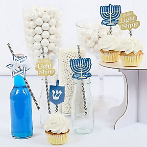 Big Dot of Happiness Happy Hanukkah Paper Straw Decor - Chanukah Party Striped Decorative Straws - Set of 24