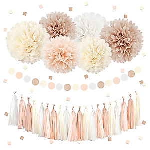 NICROHOME Boho Bridal Shower Decorations, Rustic Neutral Creamy White Tissue Paper Pom Poms Tassel, Dots Paper Garland Decorations Packages for Wedding Baby Shower Birthday Party Table Decorations