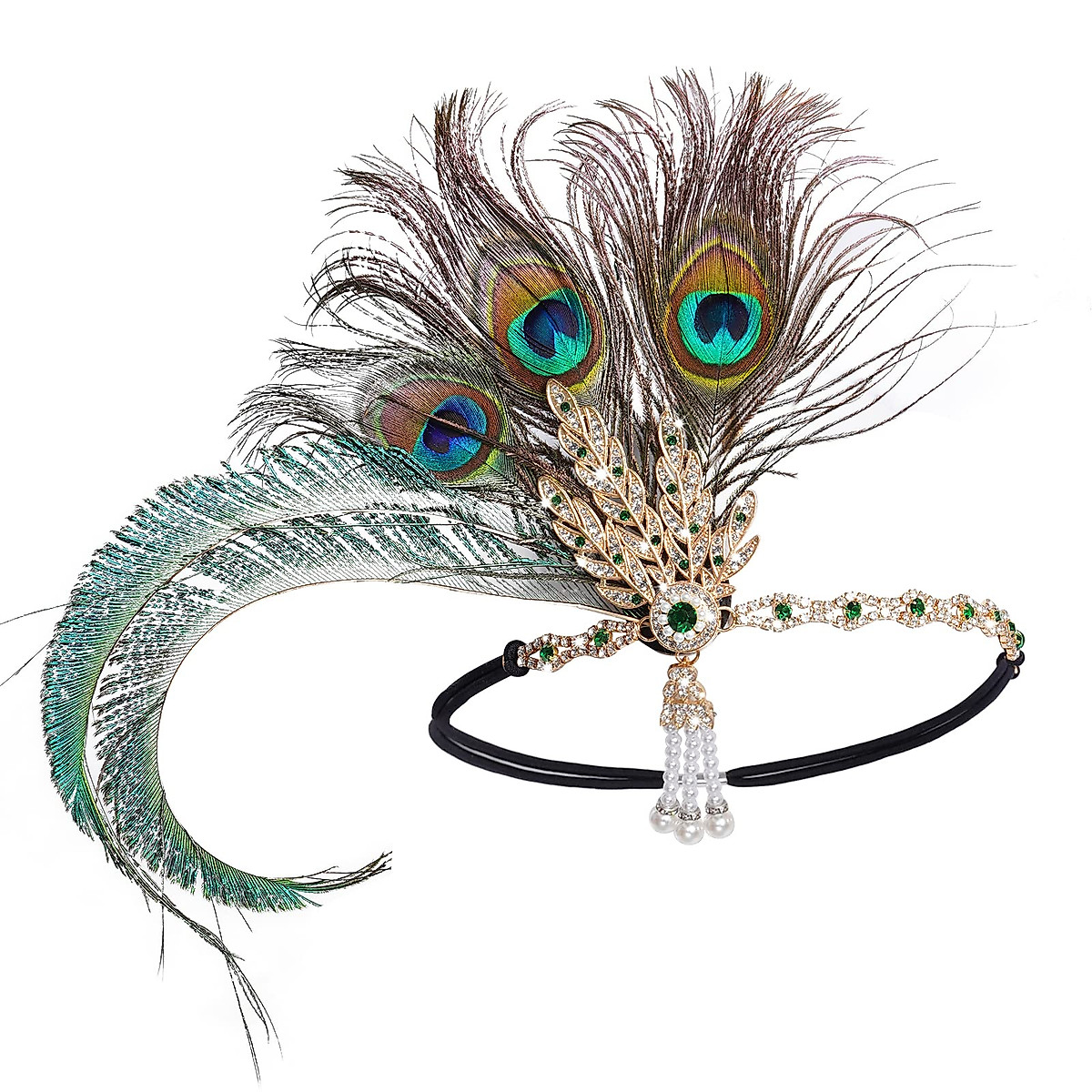 Tongcloud 1920s Flapper Feather Headband Roaring 20s Gatsby Headpiece Women's 1920s Headband Flapper Feather Headpiece(Peacock Green)