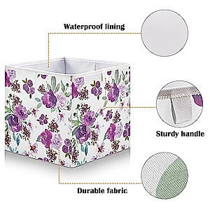 Kigai Purple Flowers Cube Storage Bins - 11x11x11 In Large Foldable Storage Basket Fabric Storage Baskes Organizer for Toys, Books, Shelves, Closet, Home Decor