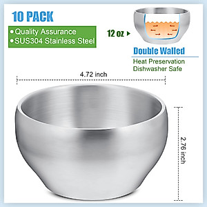 Tessco 10 Pcs 12 oz Stainless Steel (304) Bowls Matte Double Walled Bowl Kids Toddler Ice Cream Bowls for Serving Food Snacks Feeding Hot Soup, Dishwasher Safe