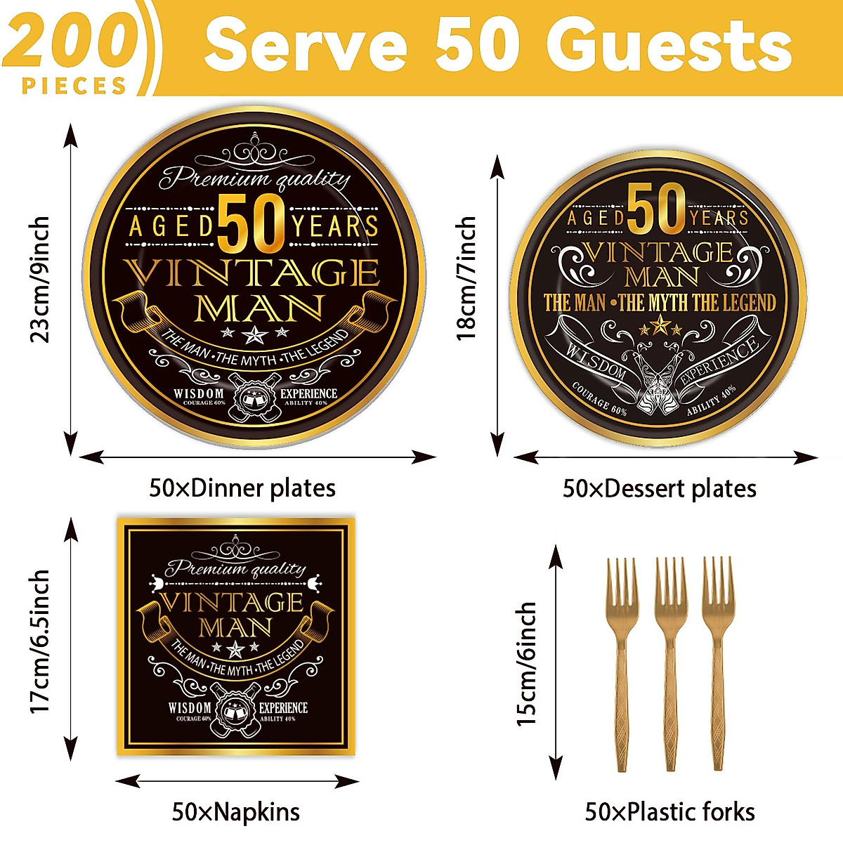 gisgfim 200 PCS Vintage 50th Birthday Plates and Napkins Party Tableware Set 1975 50th Birthday Party Table Supplies Cheers to 50 Years Paper Plate Napkin Fork 50 Guests for Men