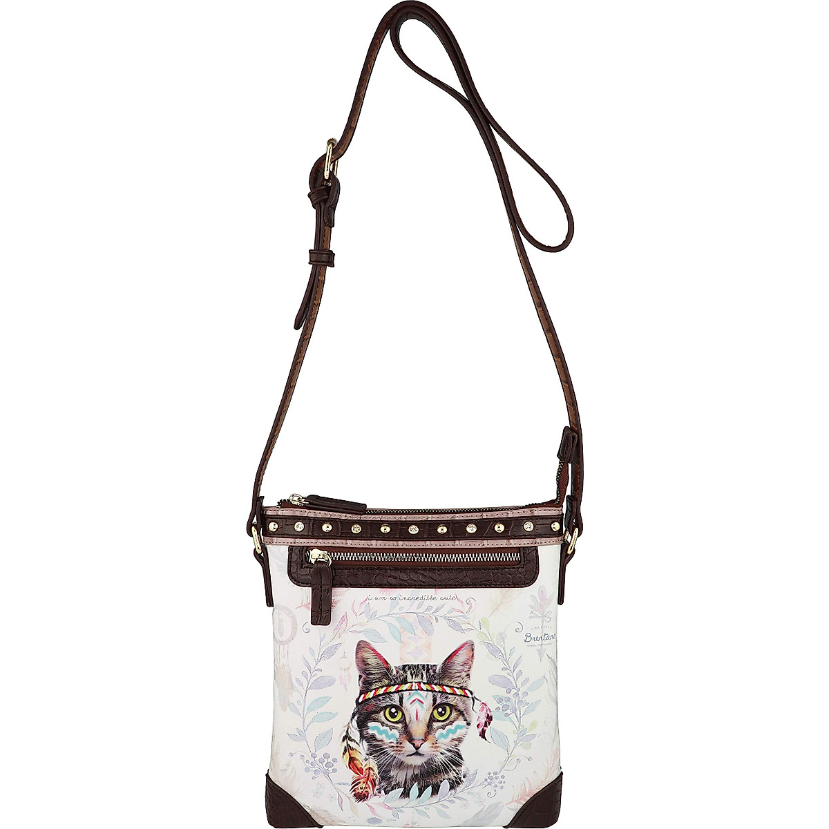 B BRENTANO Vegan Cute Animal Graphic Crossbody Bag Purse with Rhinestones and RFID Protection (Boho Feline RF)